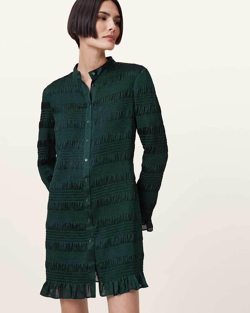 Meg Shirred Mini Shirt Dress DARK FOREST GREEN | ALLSAINTS